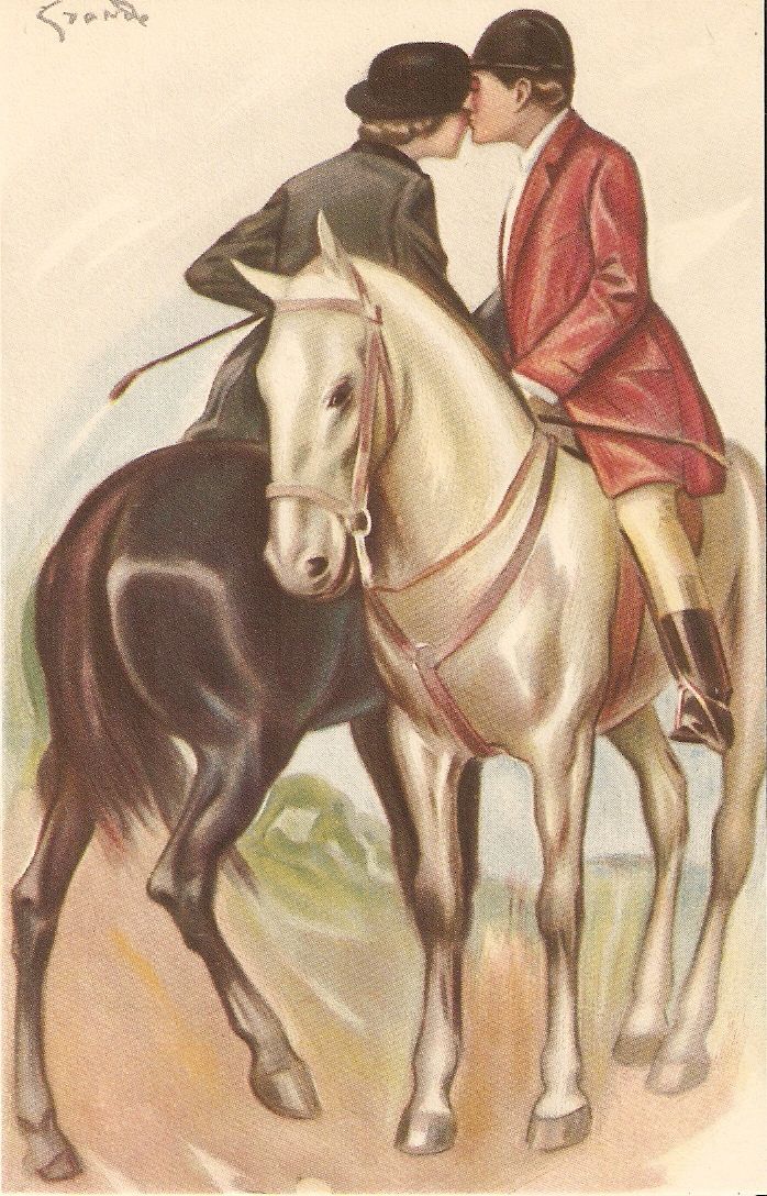 "Grande. Couple. Romance on their horses" Old vintage Italian, artist ...