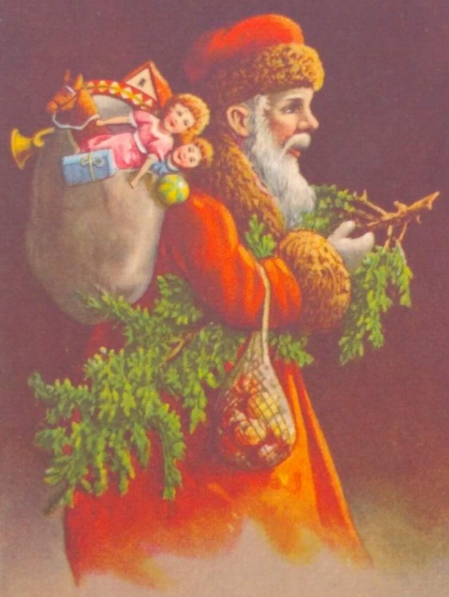Vintage Santa Postcard - Fab Santa Carries Tree Sack Of Apples and Bag ...