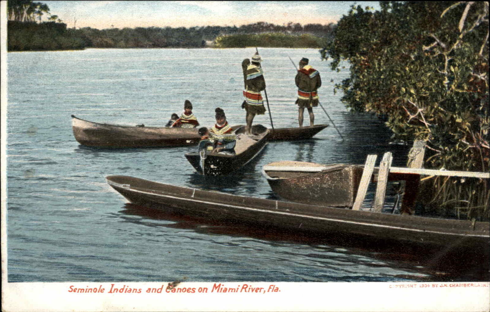 Miami River Florida FL Seminole American Indians and Canoes c1910 ...