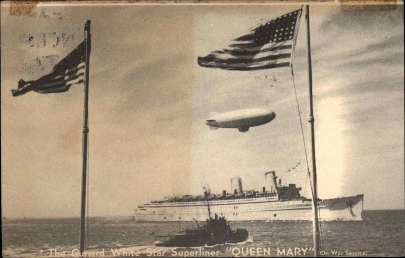 Cunard White Star Superliner Queen Mary Ship Dirigible Blimp Vintage ...