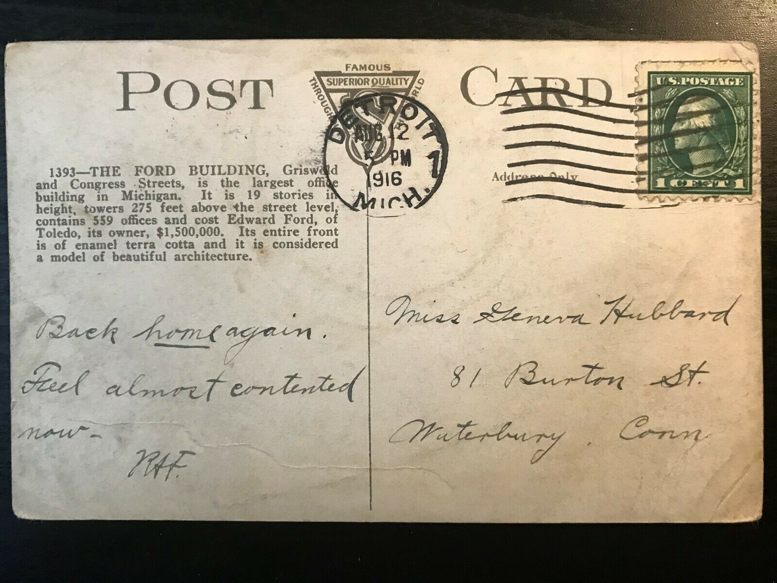 Vintage Postcard 1916 The Ford Building Detroit Michigan | United ...