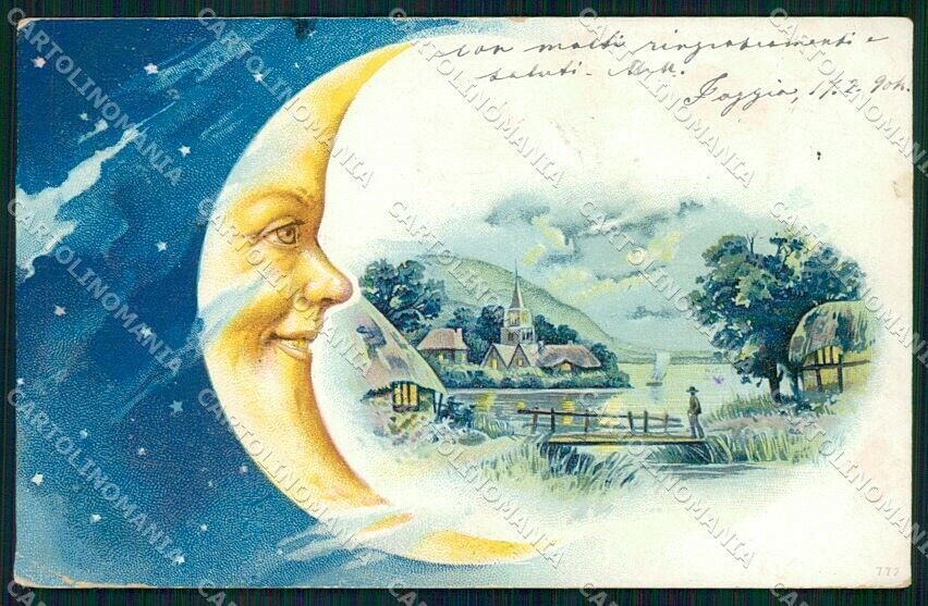 Artist Signed Paper Moon Landscape Art Nouveau cartolina XP9060 ...