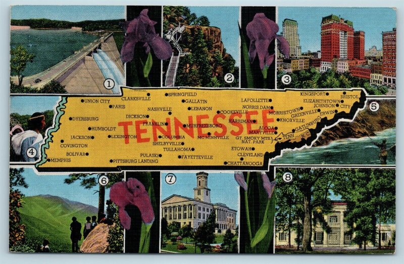 Postcard TN State Map Tennessee Cities Roads Attractions Vintage P8 ...