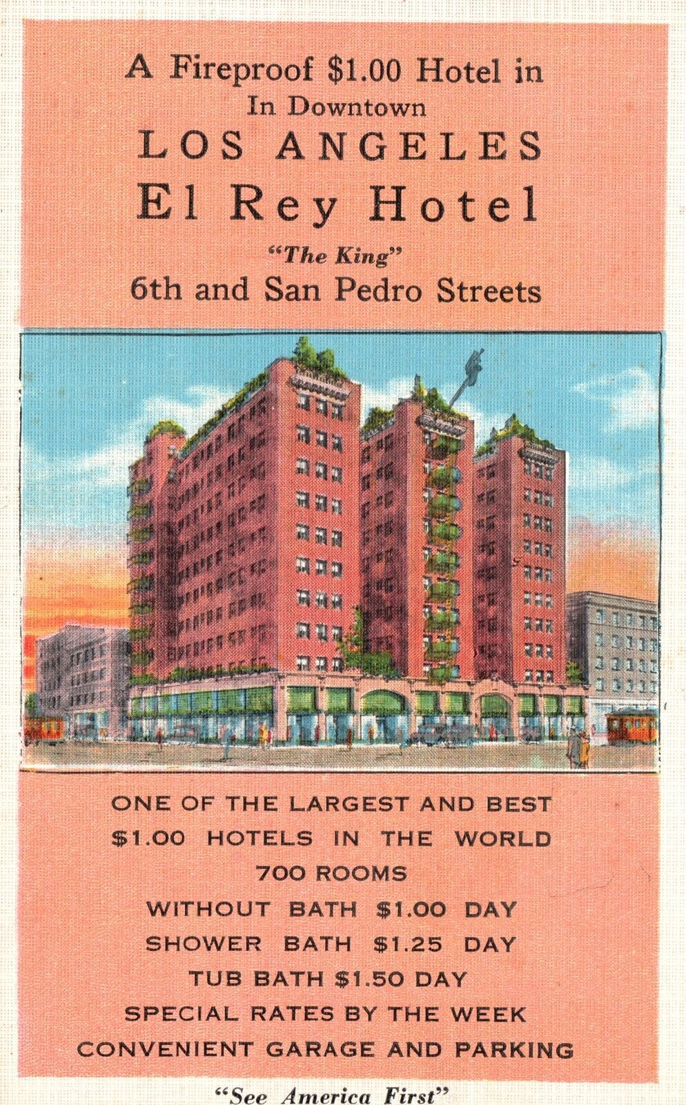 Vintage Postcard Finest Moderate Priced El Rey Hotel Los Angeles ...