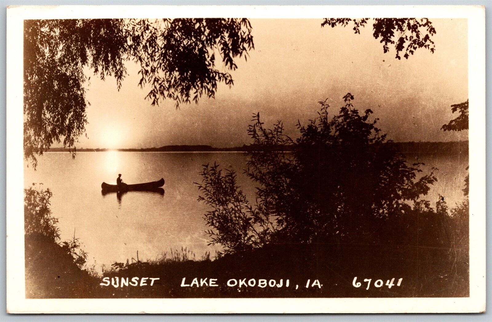 Vtg Iowa IA Sunset on Lake Okoboji Man Rowing Canoe 1920s RPPC DOPS ...