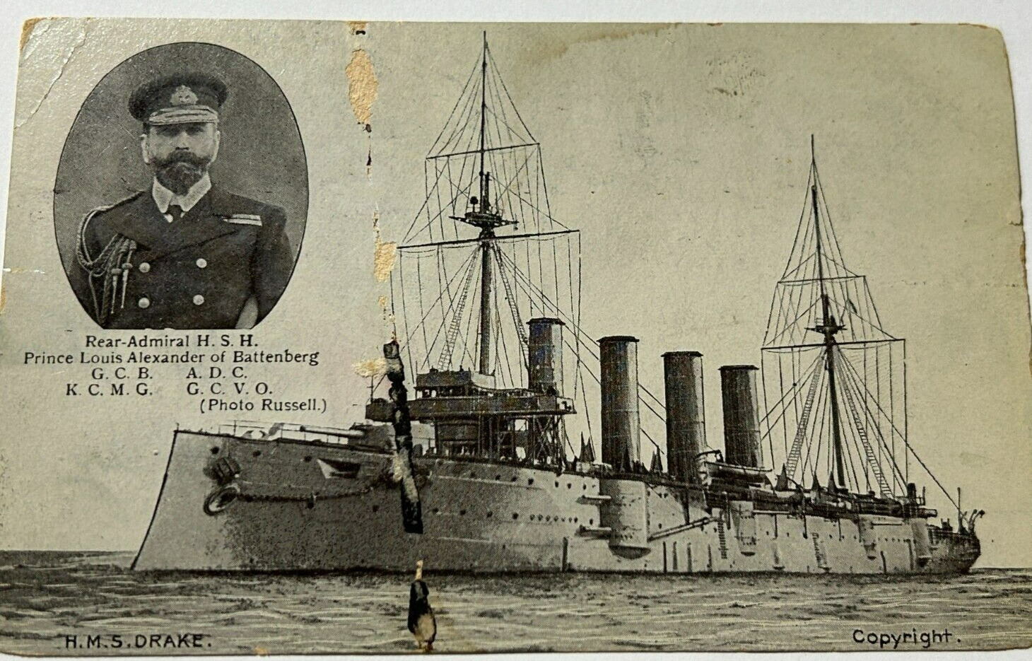 HMS Drake Cruiser Ship Royal Navy Vintage Postcard WWI Era w/ Admiral ...