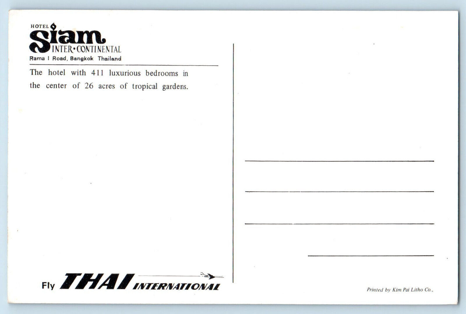 Bangkok Thailand Postcard Hotel Siam Intercontinental Fly Thai Int'l ...