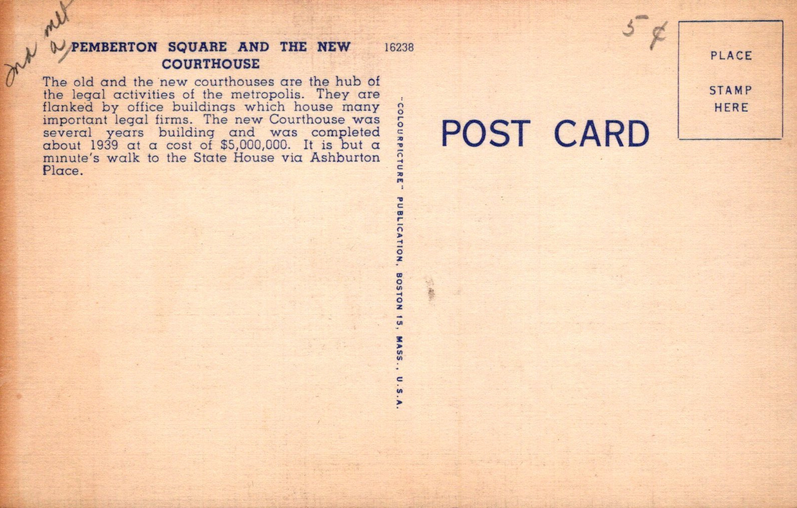 Vintage Postcard Pemberton Square and the New Court House Boston Mass C ...