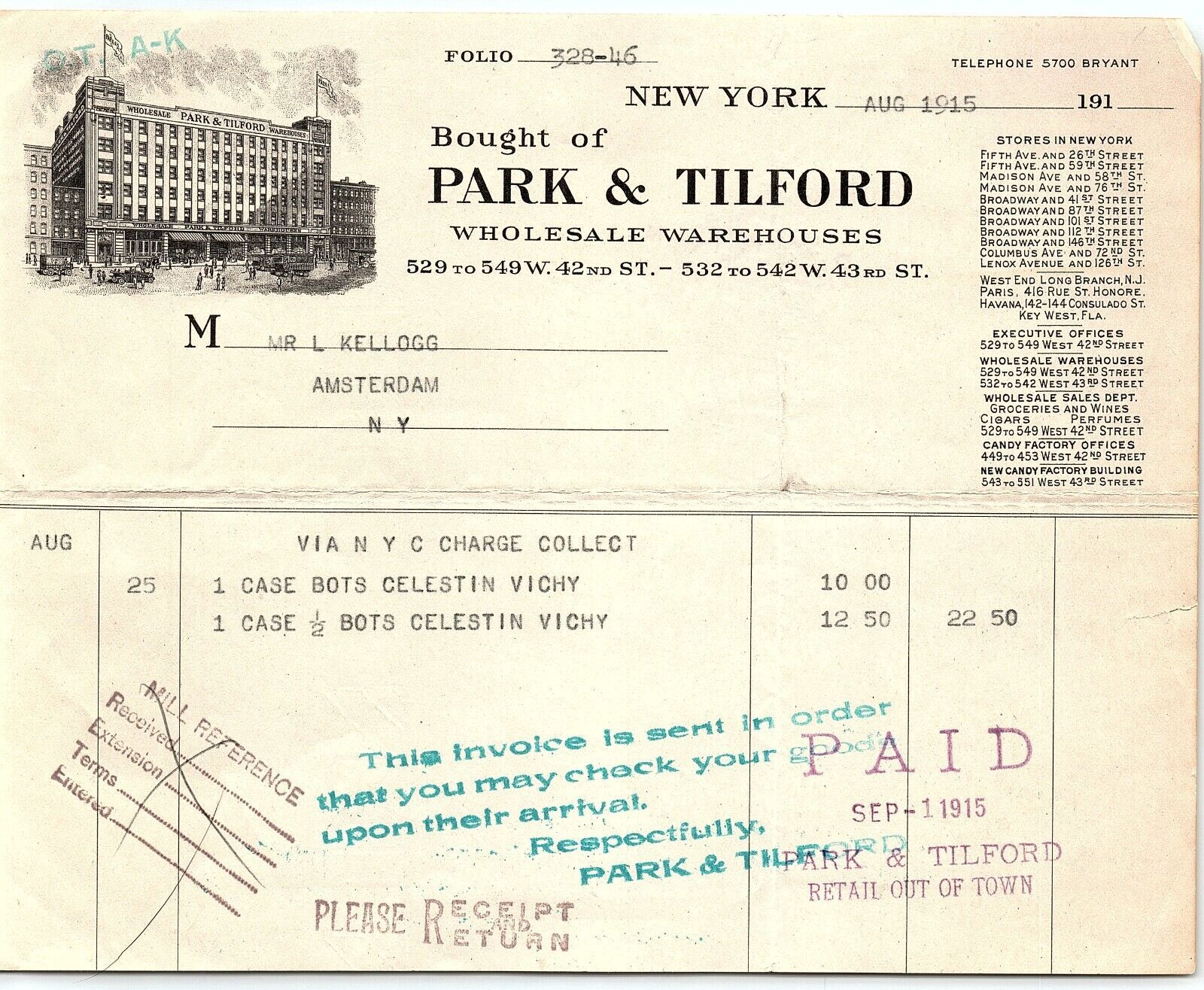 1915 Park & Tilford Wholesale Warehouses New York Billhead Invoice ...