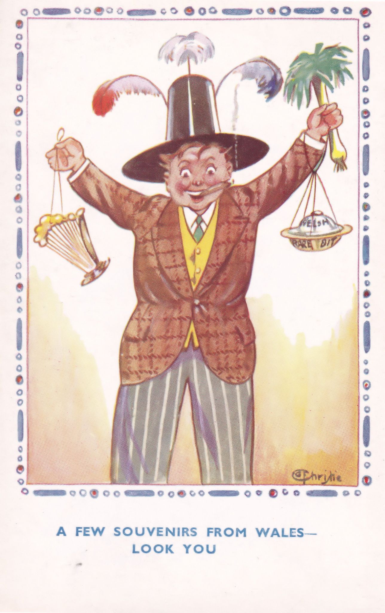 Souvenirs From Wales Harp Hat Old Comic Humour Postcard | Topics ...
