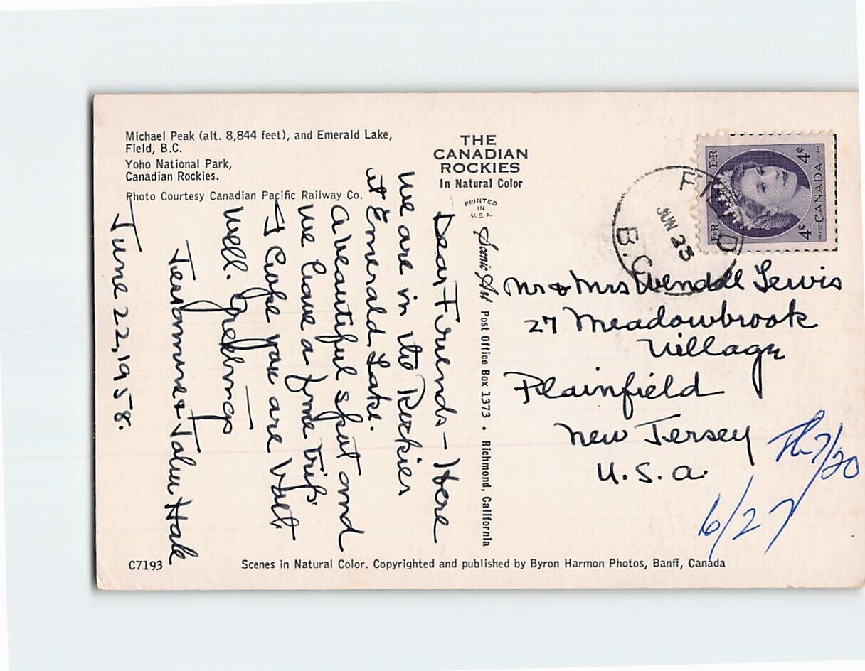 Postcard Michael Peak and Emerald Lake Yoho National Park Canada ...