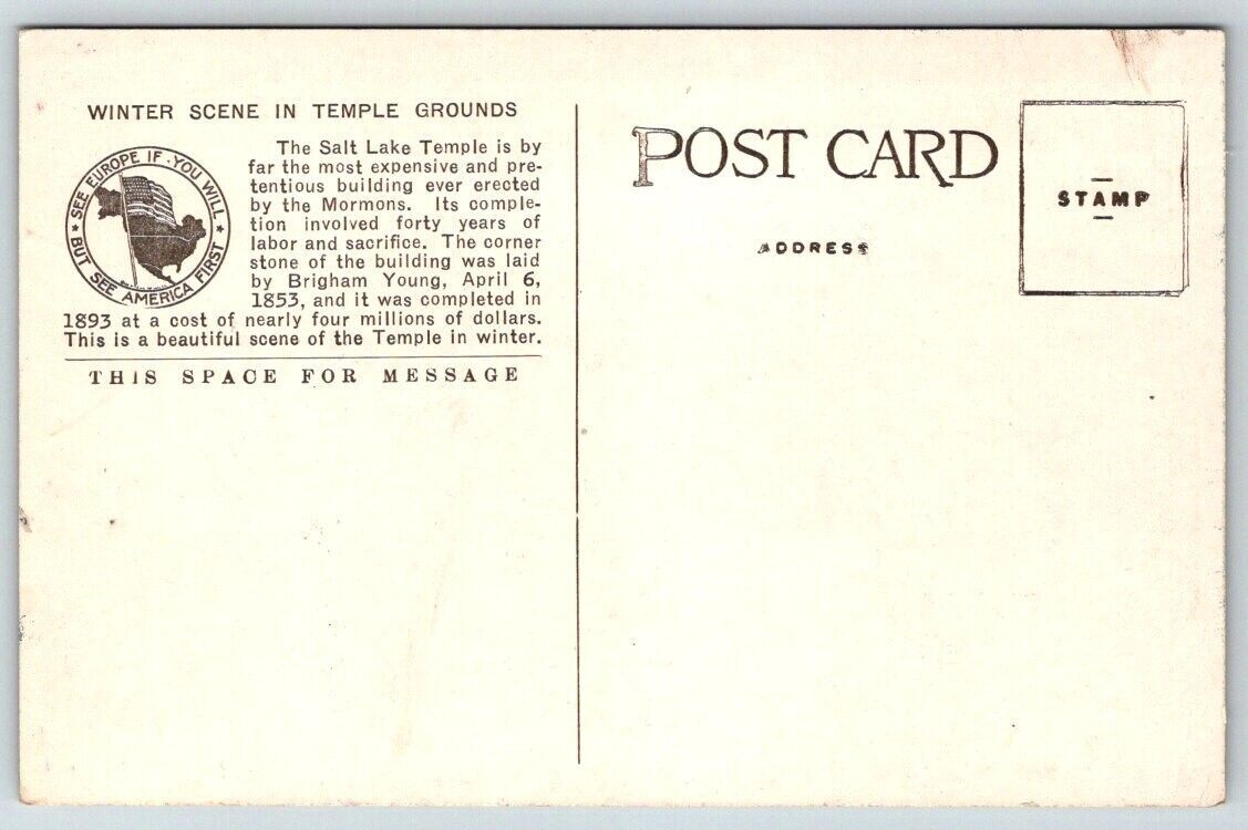 Vintage Utah Postcard - Winter Scene in Temple Grounds Salt Lake City ...