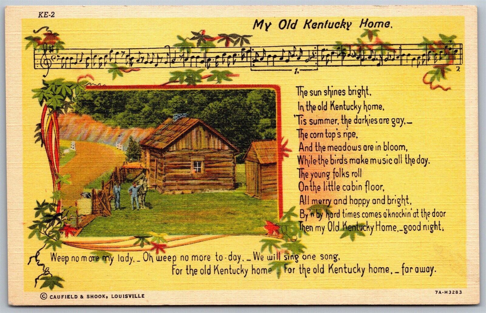 Vtg My Old Kentucky Home Song Stephen Foster Cabin KY 1930s Linen ...