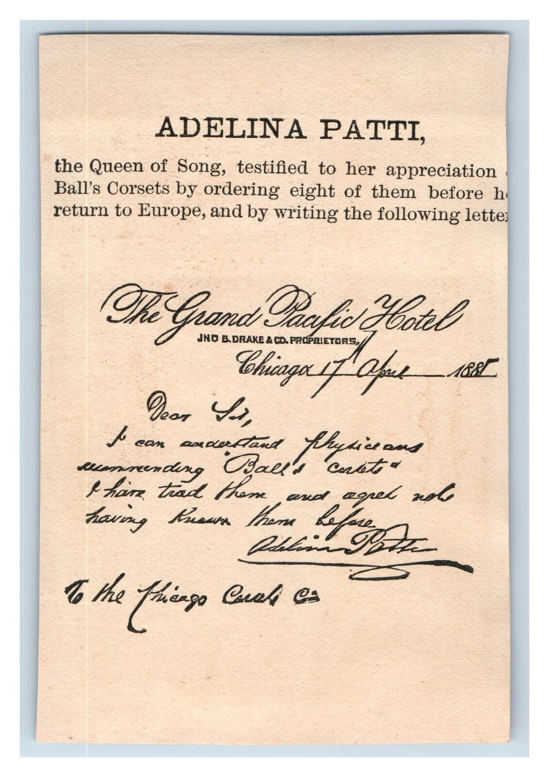 1881 Ball's Corsets Beautiful Adelina Patti Opera Singer P83 | Ephemera ...