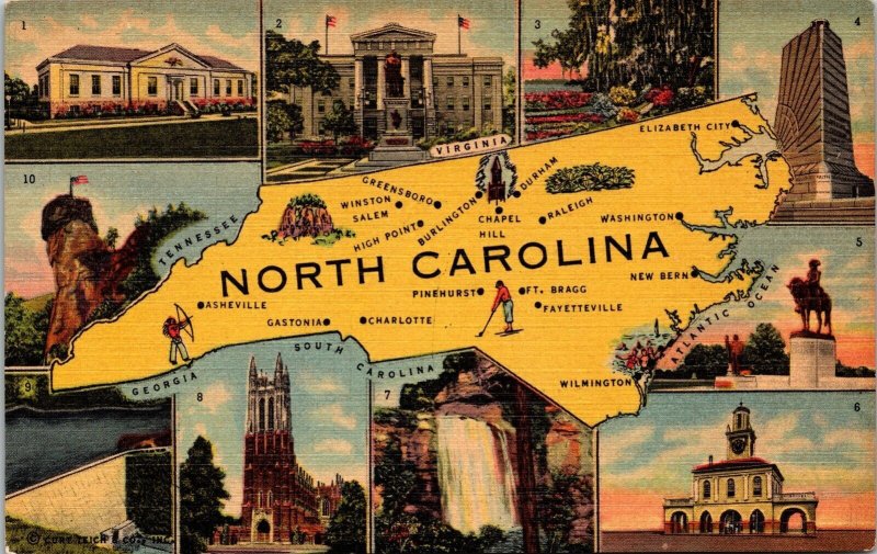 North Carolina Map Labeled Multiple Scenes Statue Church Waterfall ...