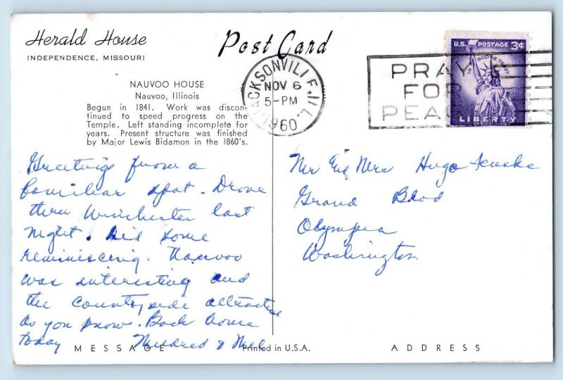 Nauvoo Illinois Postcard Nauvoo House Herlad House Lewis Bidamon 1960 ...