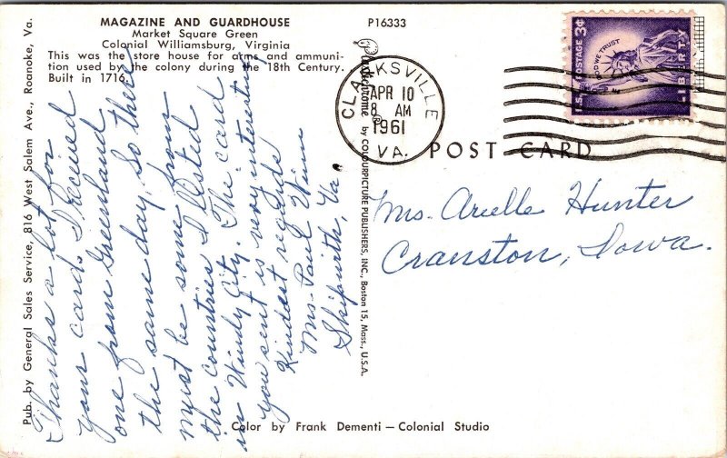 Magazine Guardhouse Colonial Williamsburg Virginia Postcard PM ...