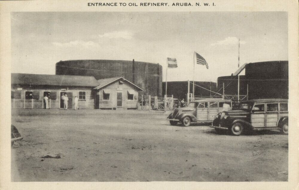 Aruba N W I Entrance To Oil Refinery Cars 1940s Postcard Latin