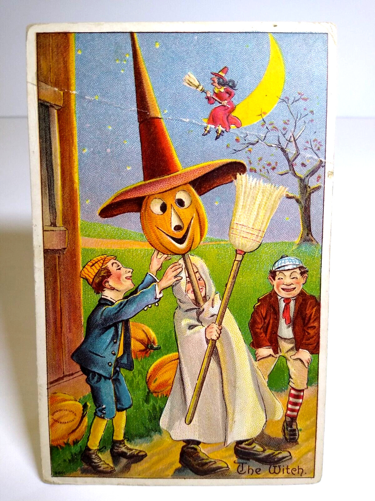 Halloween Postcard Fantasy Witch Sitting On Crescent Moon Children ...