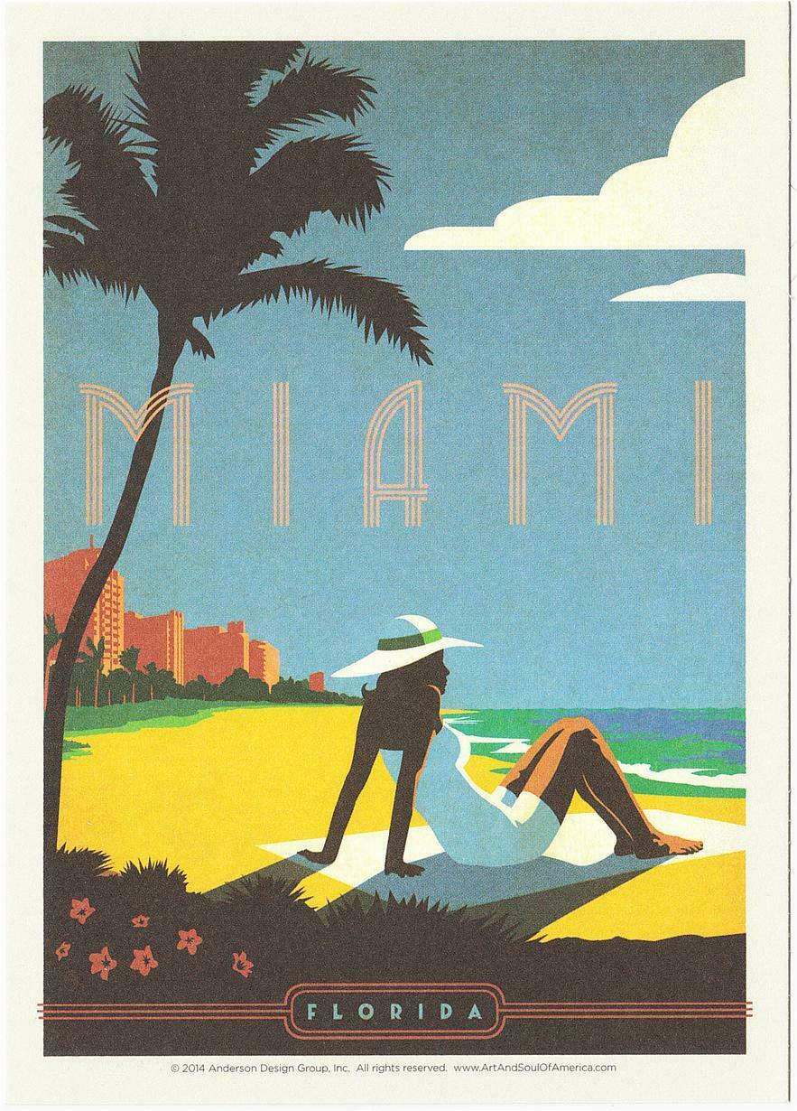 Postcard of Miami Florida Sunbather on Beach Travel Poster Style ...