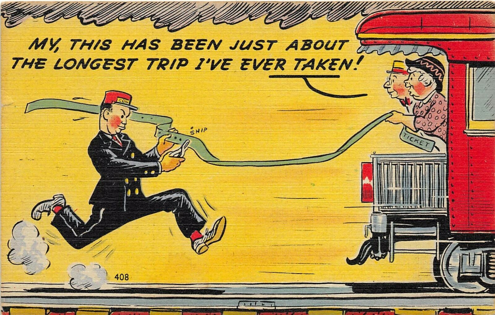 RAILROAD Train Conductor 1940s Comic Postcard Longest Trip Ticket ...