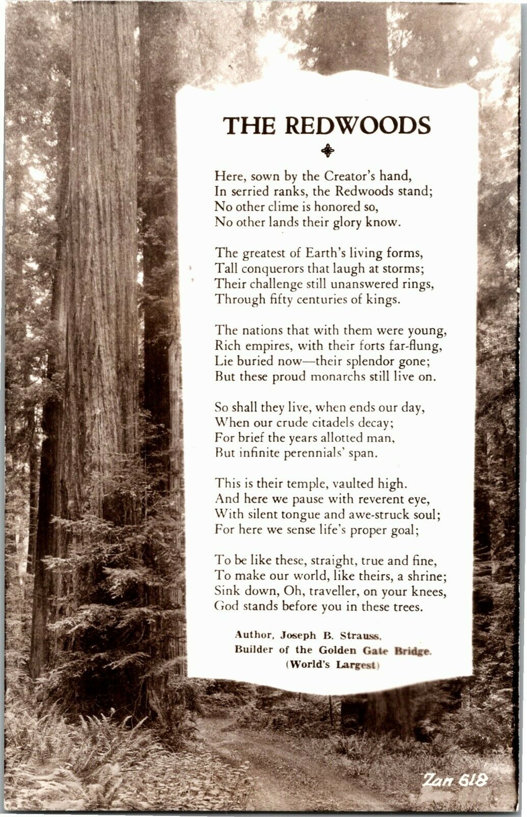 RPPC The Redwoods Poem by Joseph Strauss Zan 618 Vintage Postcard K24 ...