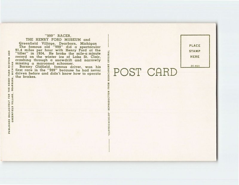 Postcard "999" Racer The Henry Ford Museum Greenfield Village Dearborn ...