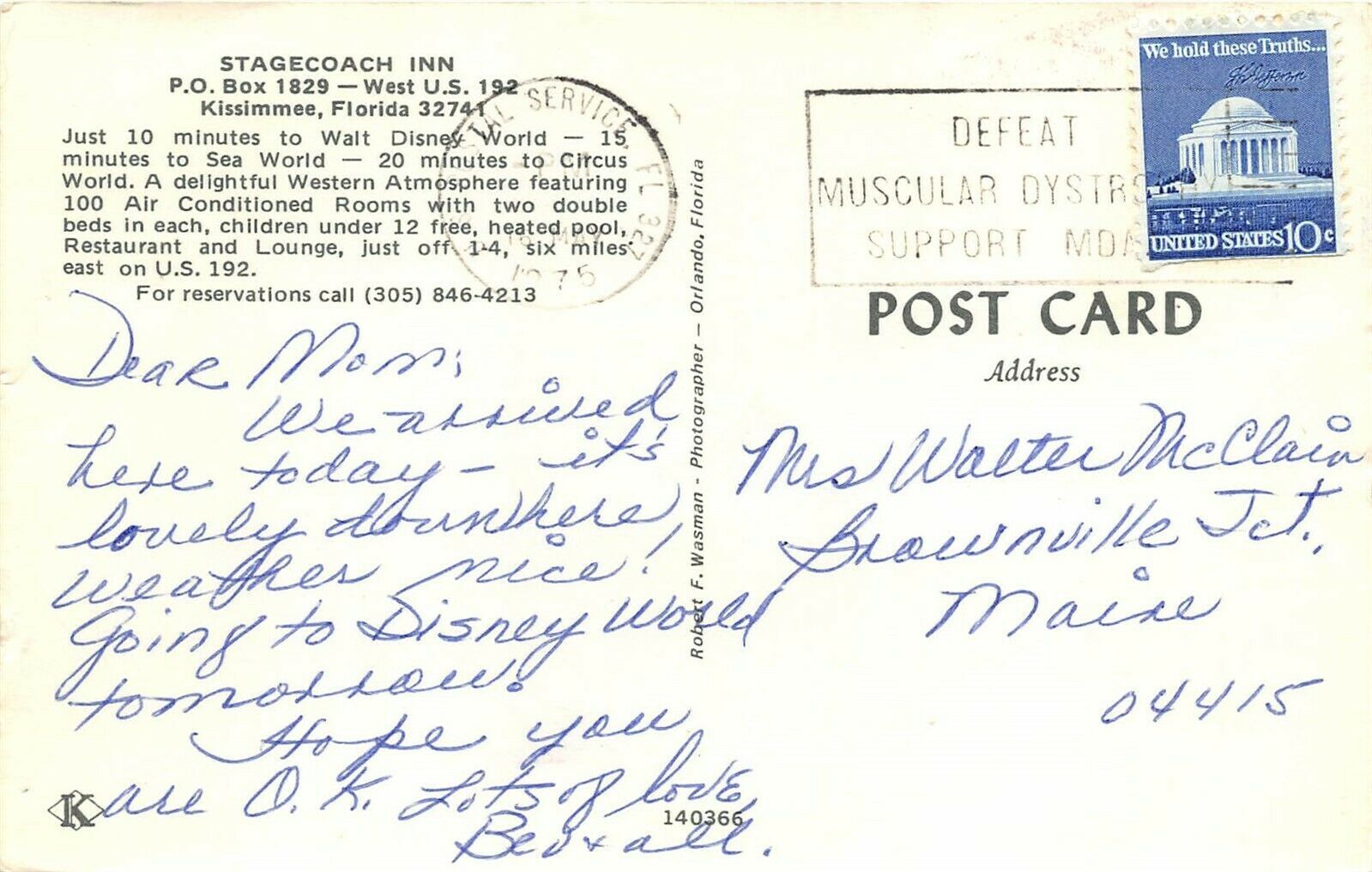 Kissimmee Florida 1975 Postcard Stagecoach Inn Motel Swimming Pool Bar ...