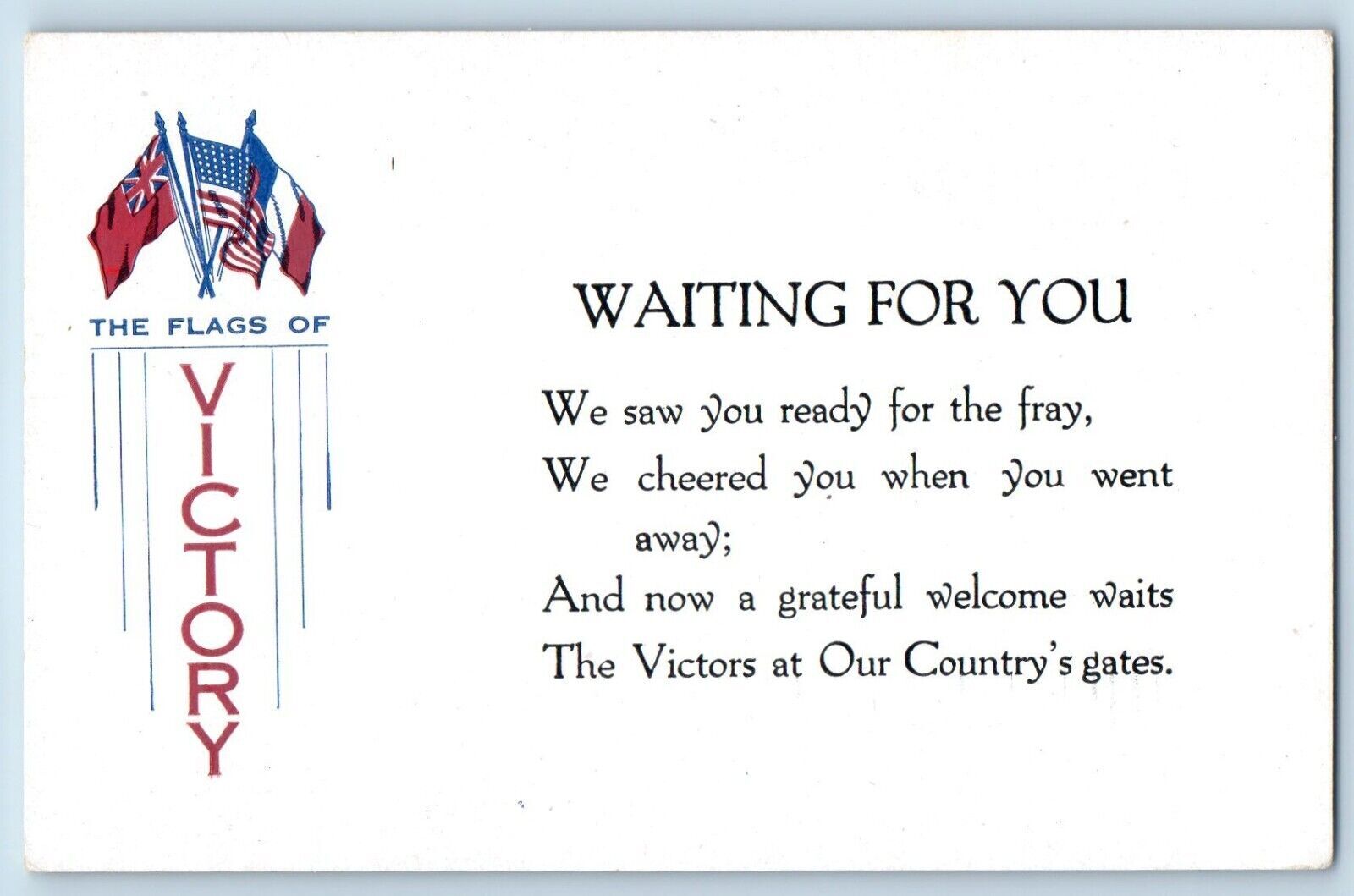 The Flags Of Victory Postcard Waiting For You Poem WWI c1910's Unposted ...