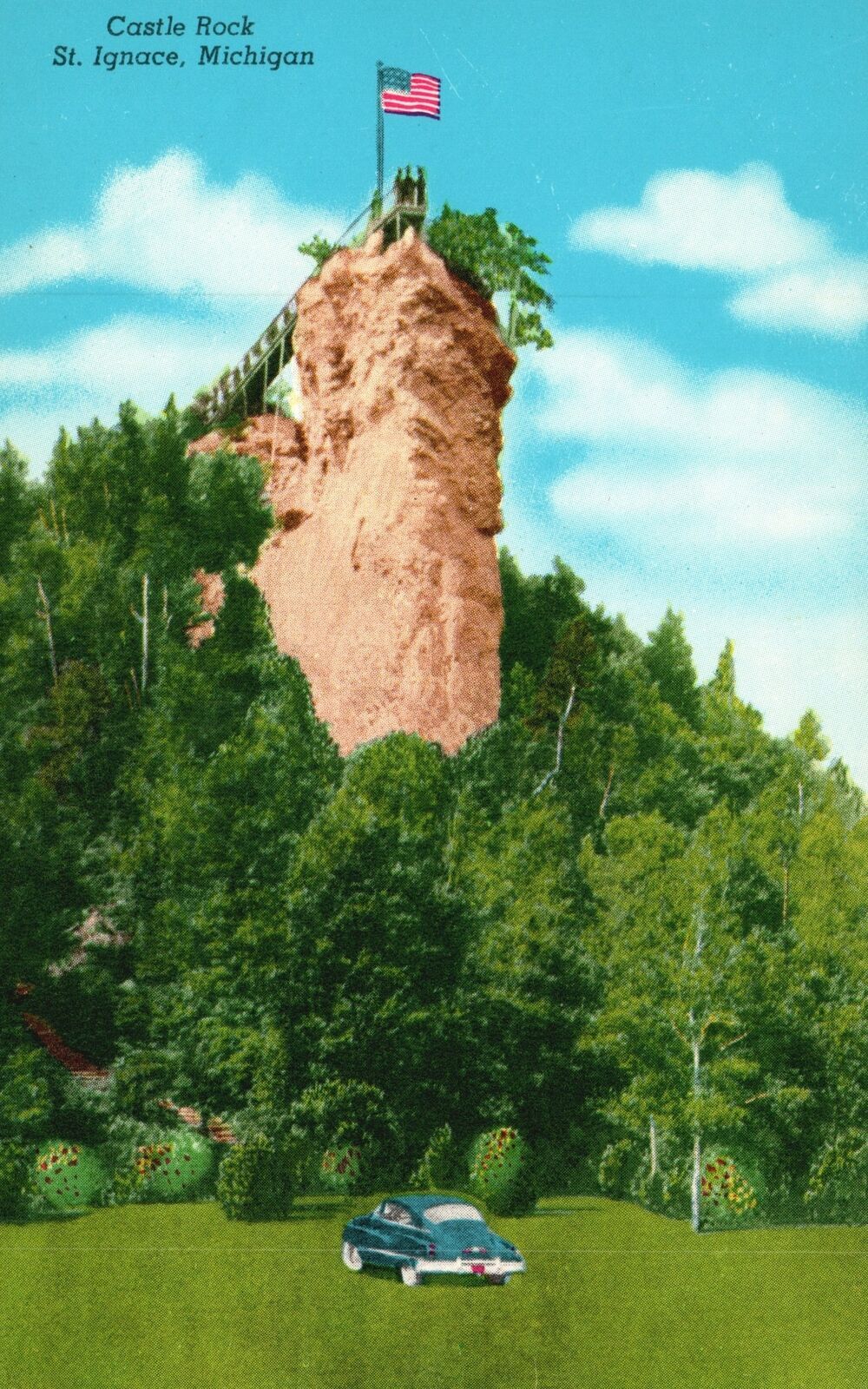 Vintage Postcard Castle Rock Ancient Lookout U.S. Flag Saint Ignace ...