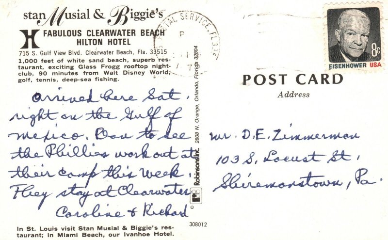 Vintage Postcard Stan Musial Biggie's Restaurant Hotel Clearwater Beach ...