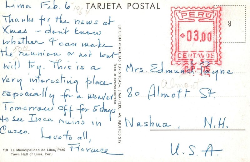 Vintage Postcard Town Hall of Lima Peru and Street Scene Mailed 1964 ...