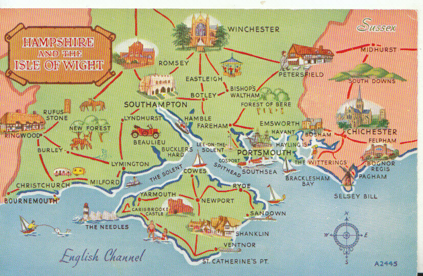 Map Postcard - Interesting Places in Hampshire and Isle of Wight - Ref ...