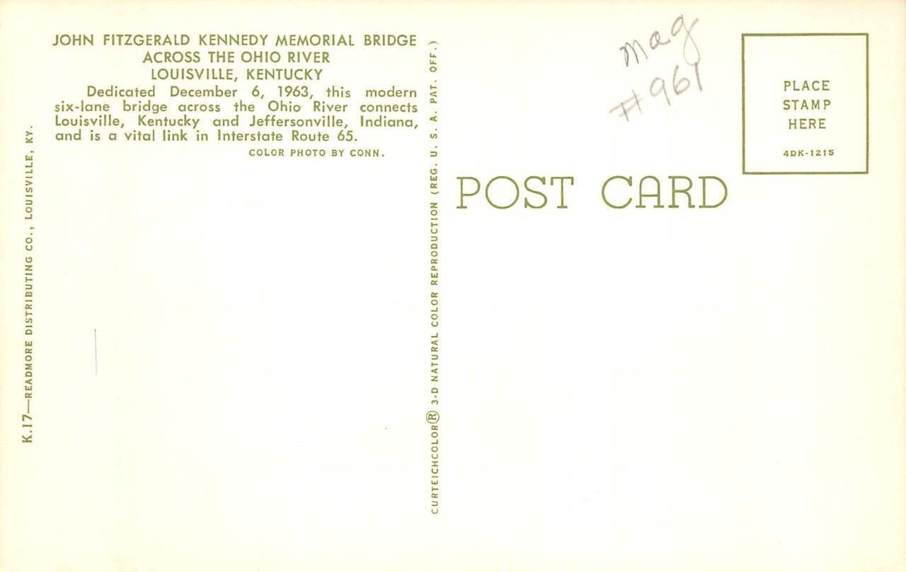 John Fitzgerald Kennedy Memorial Bridge Ohio River Louisville KY c1960s ...