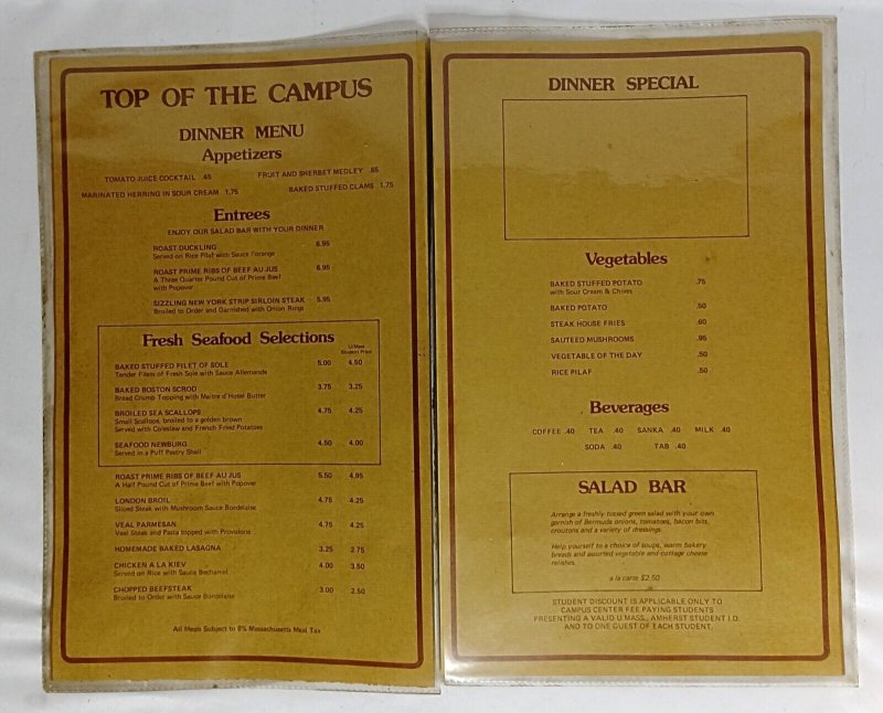 University of Massachusetts Vintage Dinner Menu Top of the Campus 70s ...