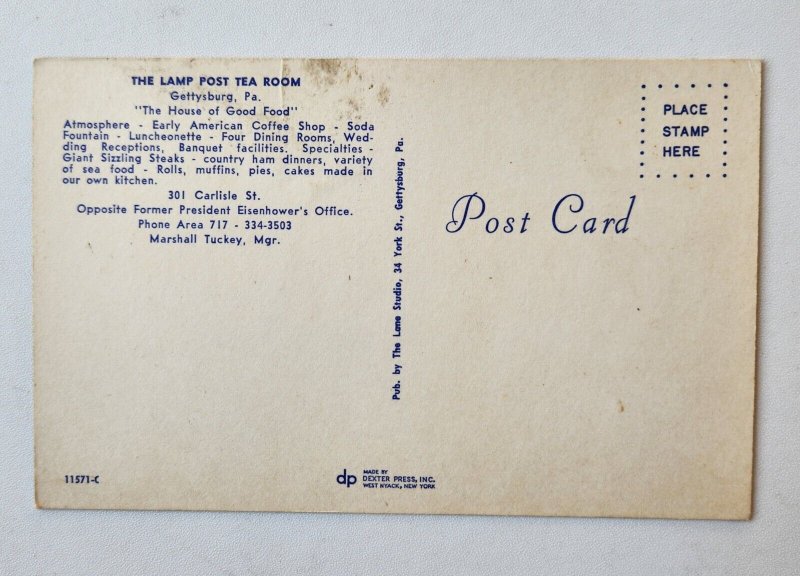 Lamp Post Tea Room Inside & Out Gettysburg PA Ad Postcard | United ...
