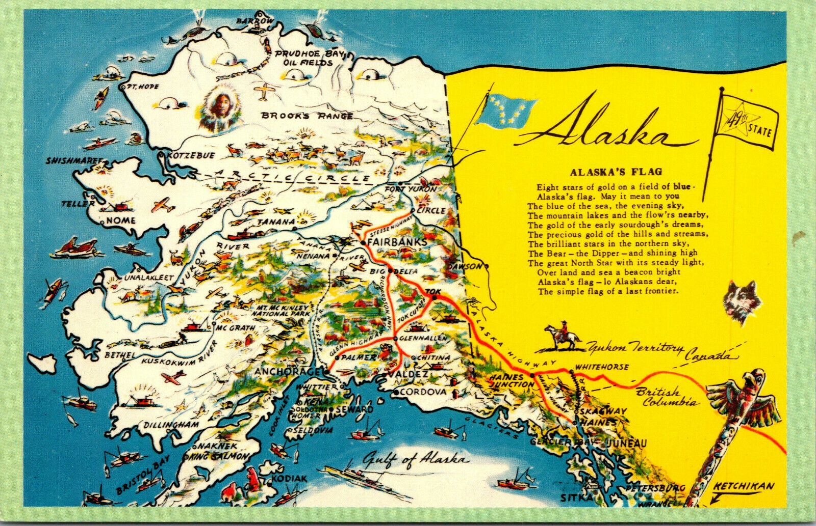 Vtg 1970s Greetings Alaska AK State Flag Poem Map Towns Attractions ...