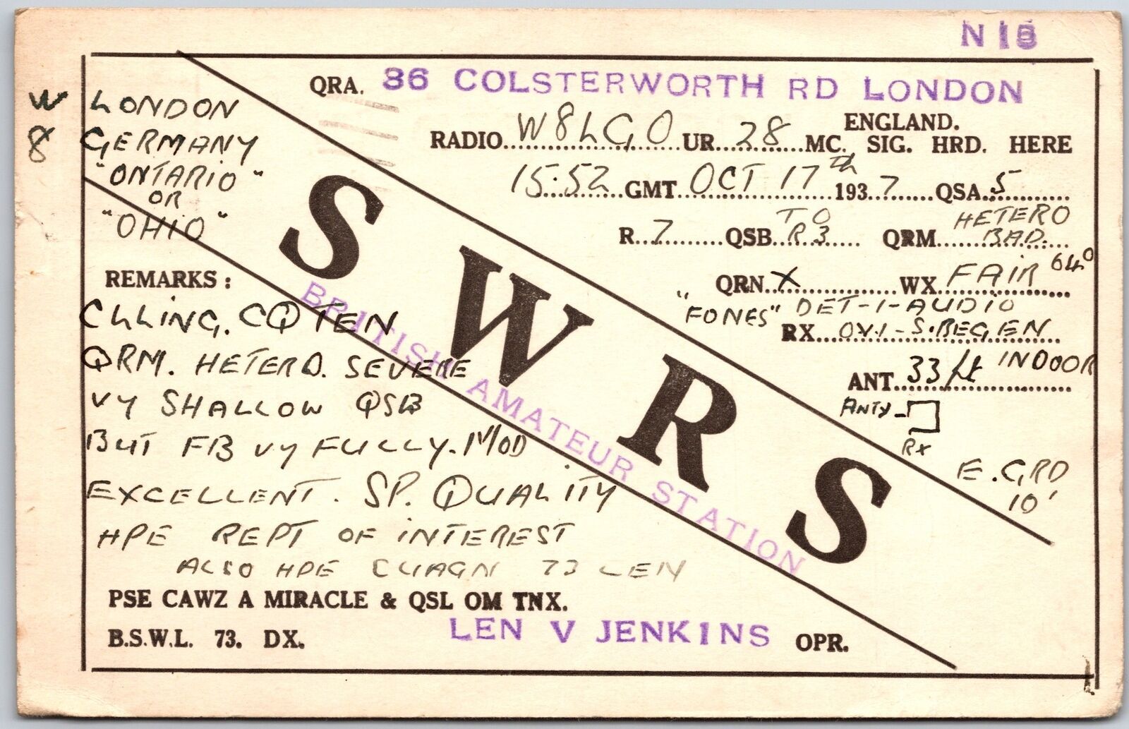 1937 QSL Radio Card SWRS London England Amateur Radio Station Posted ...