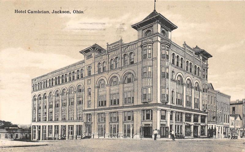 D25/ Jackson Ohio Postcard 1917 Hotel Cambrian Building Main St Stores ...
