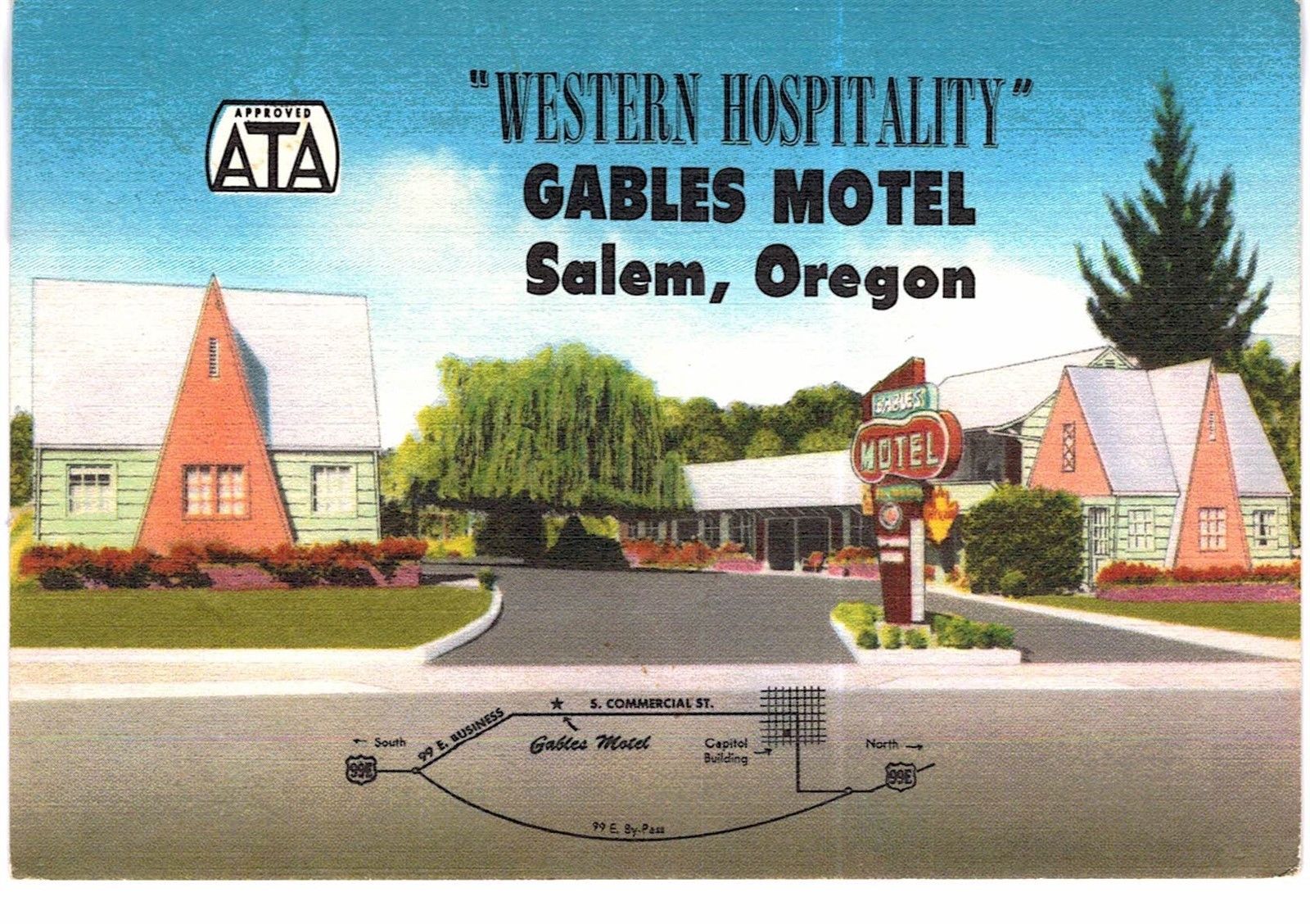 Salem OR Western Hospitality Gables Motel Unused Roadside Linen 1950s ...