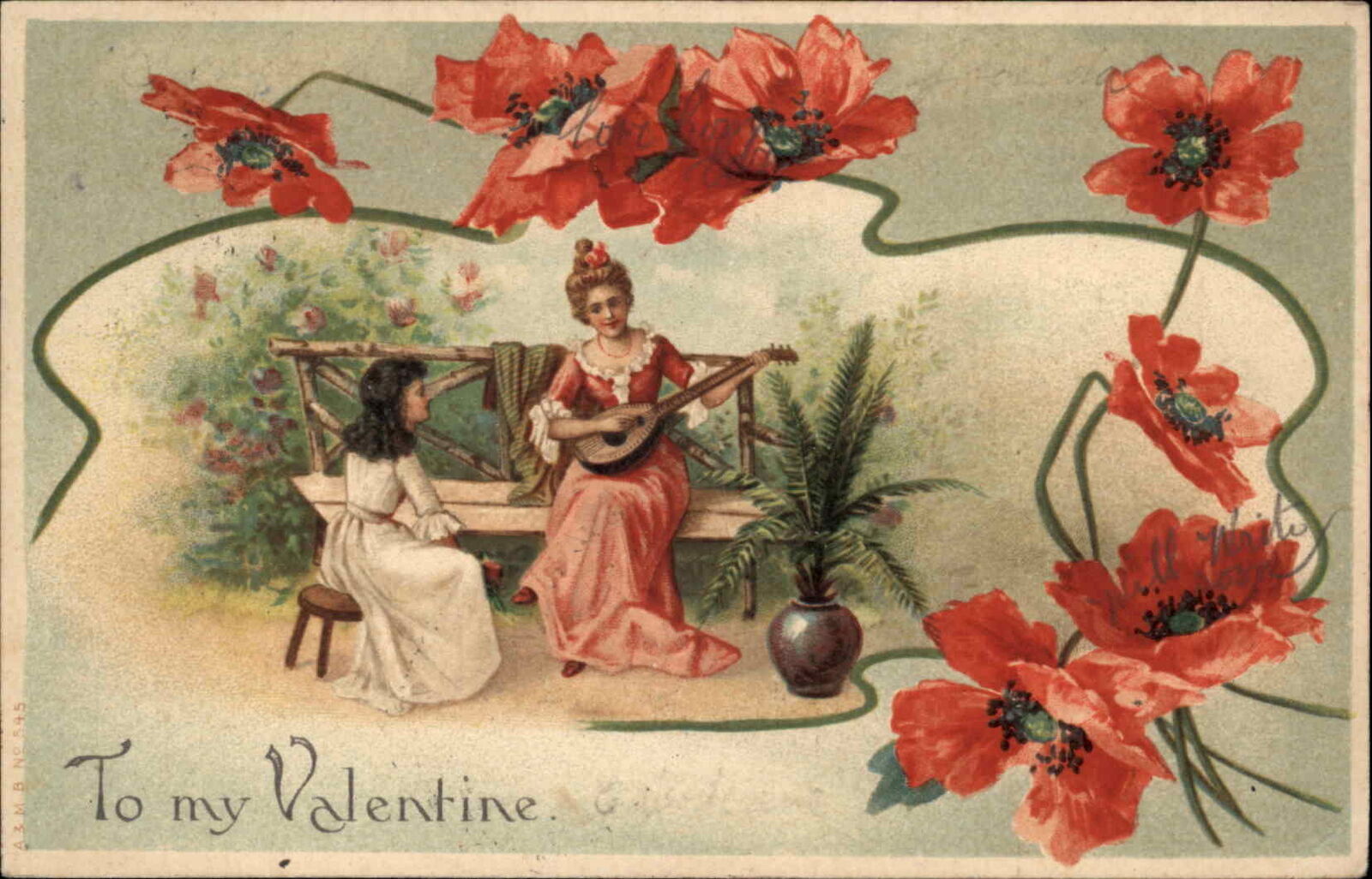 Valentine's Day Pretty Woman Child Girl Mandolin Flowers c1900s-10s ...