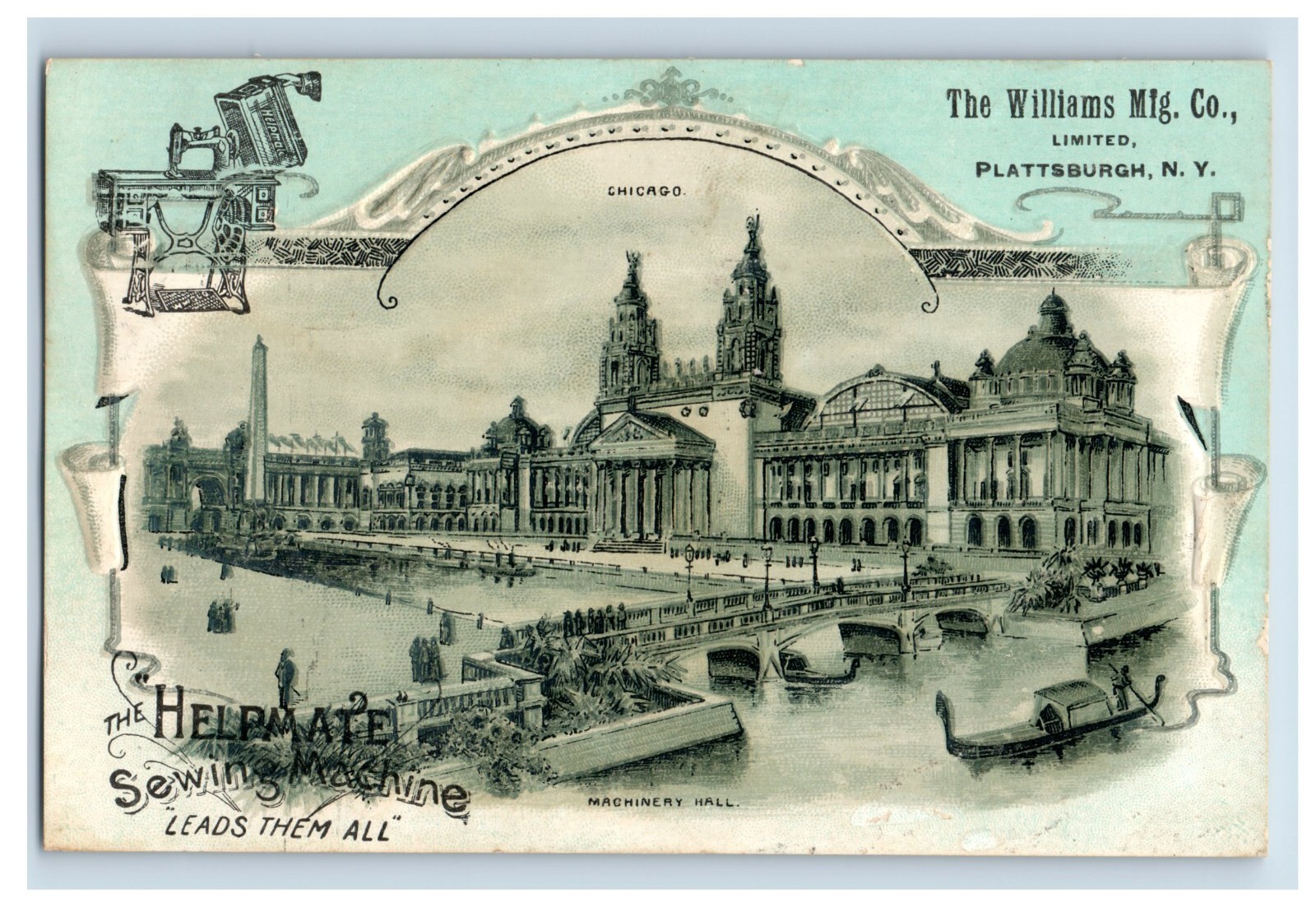 1893 Helpmate Sewing Machine Williams Mfg Co. Columbian Expo Trade Card ...
