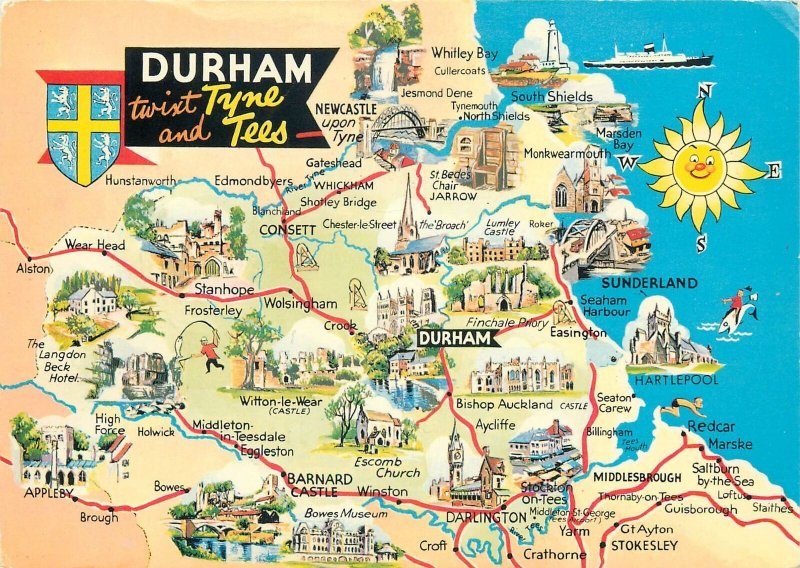 Postcard England Durham county area map twist and Tyne Tees Coat of ...
