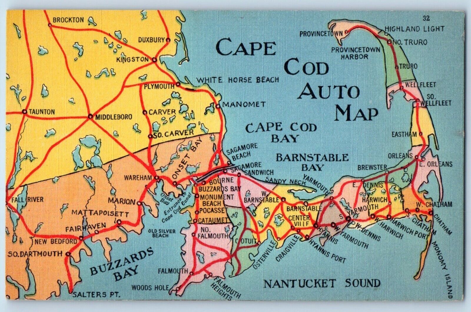 Cape Cod Massachusetts MA Postcard Bay Barn Buzzards Nantucket Map ...