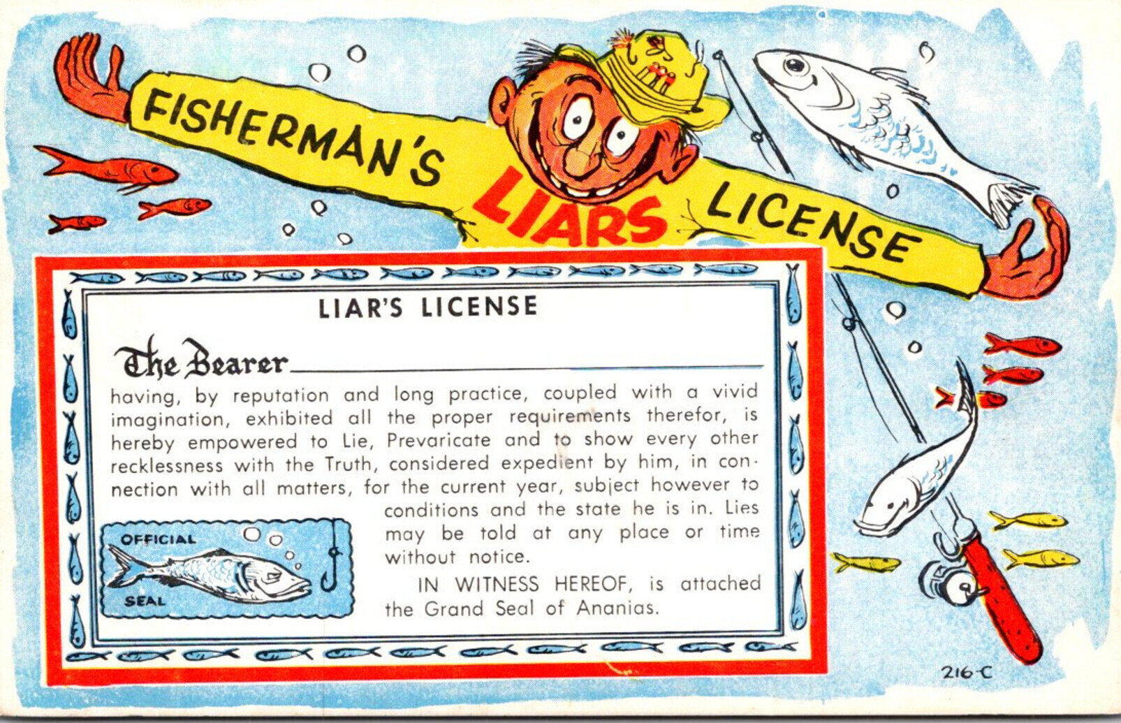 Fishing Humour Fisherman's Liars License | Topics - Humour, Postcard ...