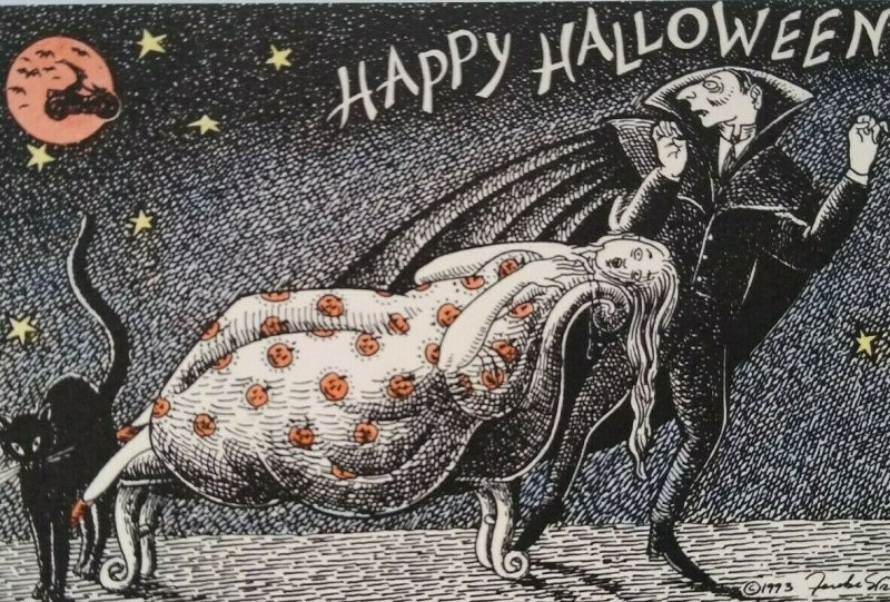 Halloween Postcard Dracula Black Cat Witch On Motorcycle Flying Rabbit ...