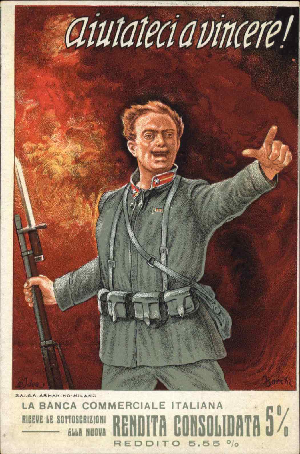WWI Italian Poster Art Propaganda Banca Bank Soldier Battle Bayonet ...
