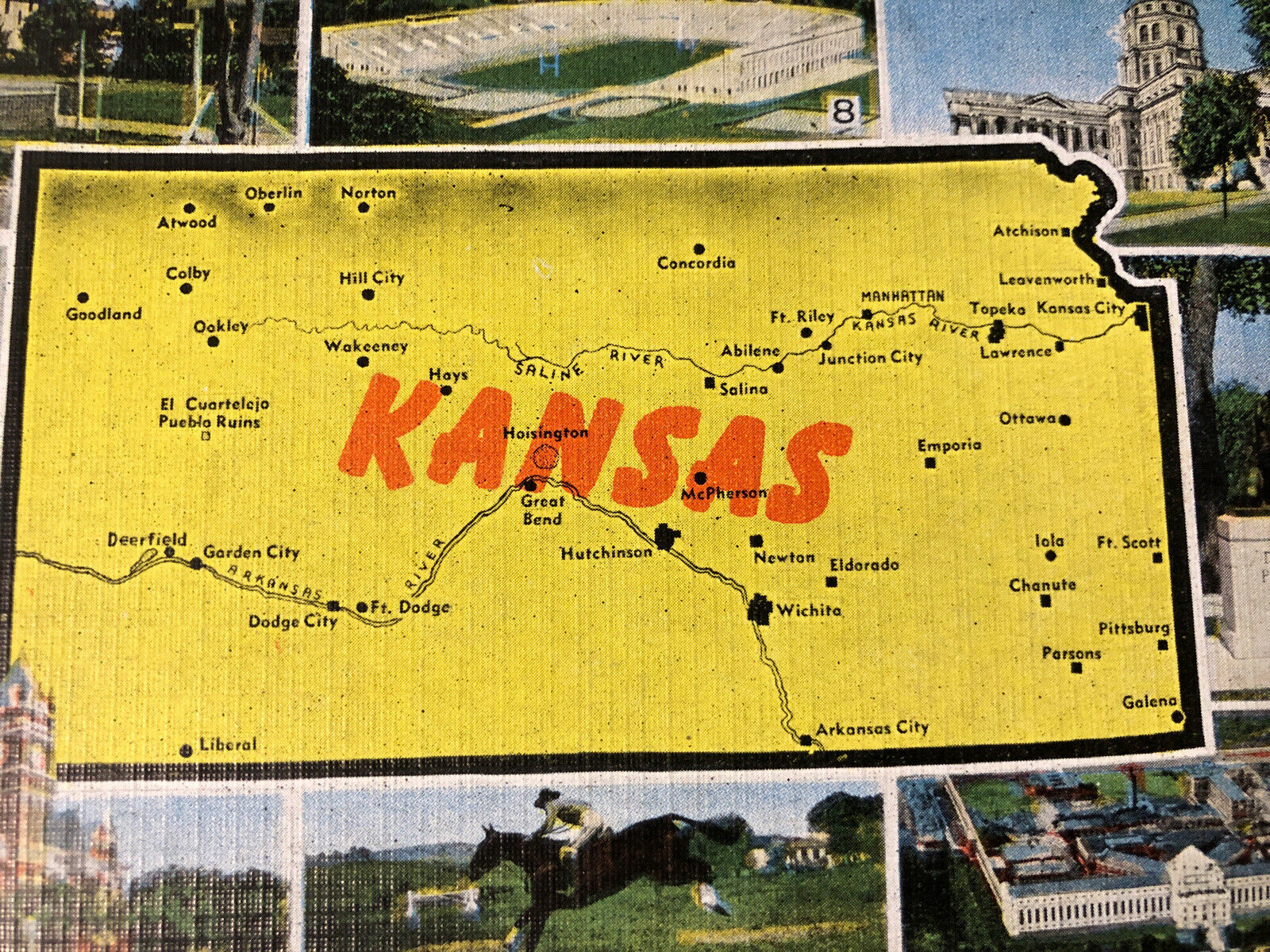 Vintage 40s State KANSAS MAP Multi Scene Kropp Color Linen Postcard ...