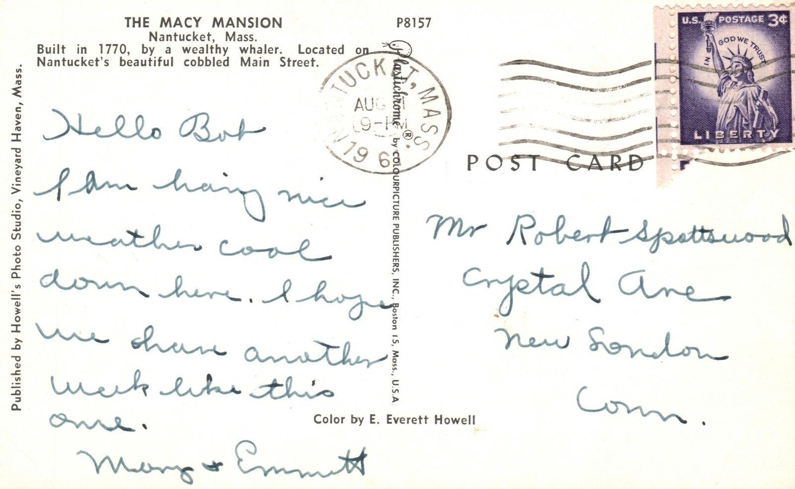 Vintage Postcard 1961 View of The Macy Mansion Nantucket Massachusetts ...
