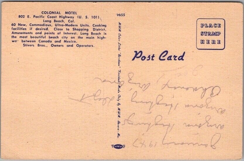 Long Beach, California Postcard COLONIAL MOTEL Highway 101 Roadside MWM ...